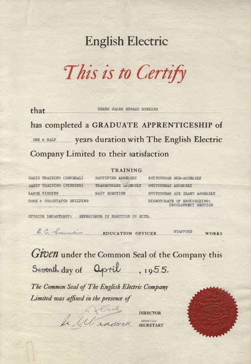 Derek J E Hosking’s Faraday House Engineering College Certificates and ...